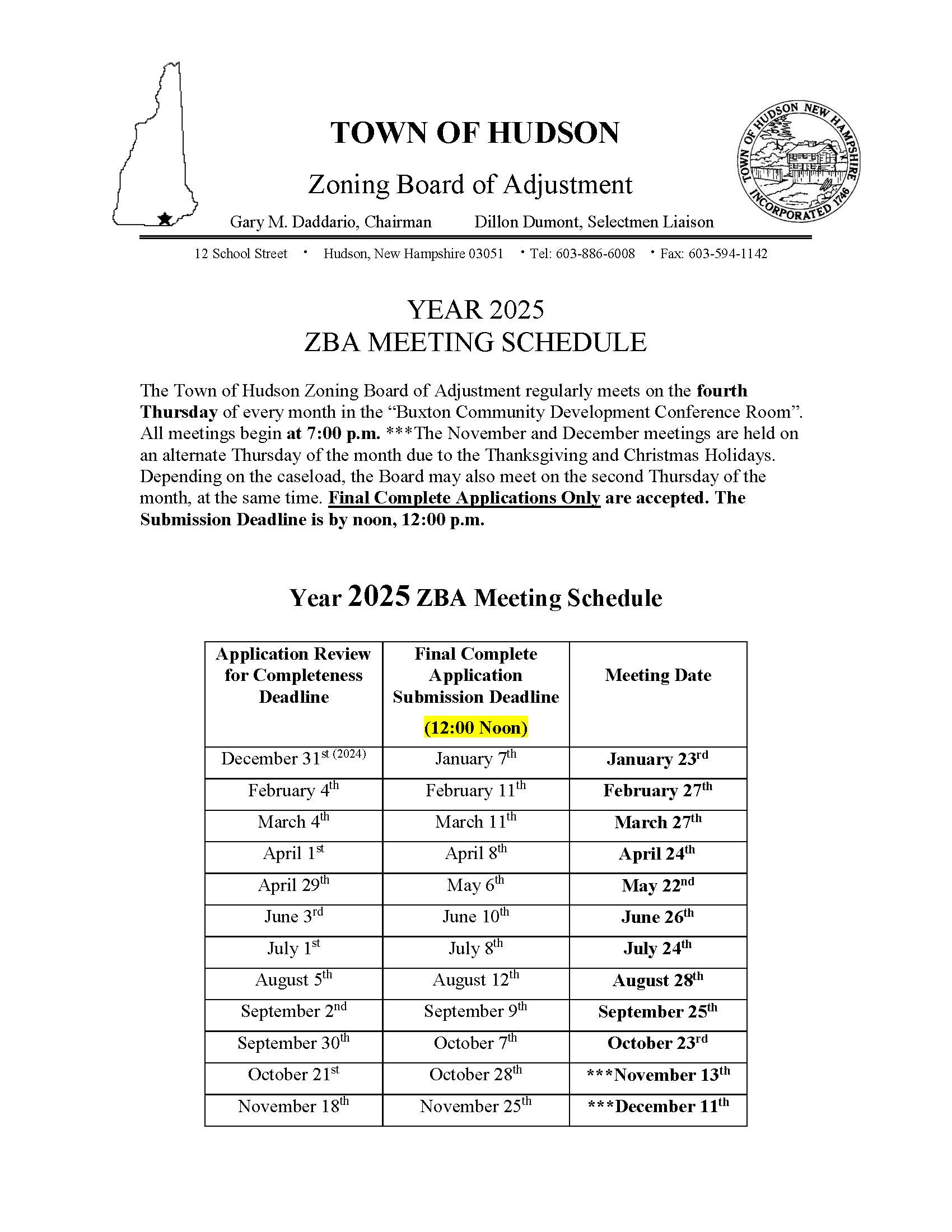 2025 ZBA MEETING SCHEDULE | Hudson New Hampshire