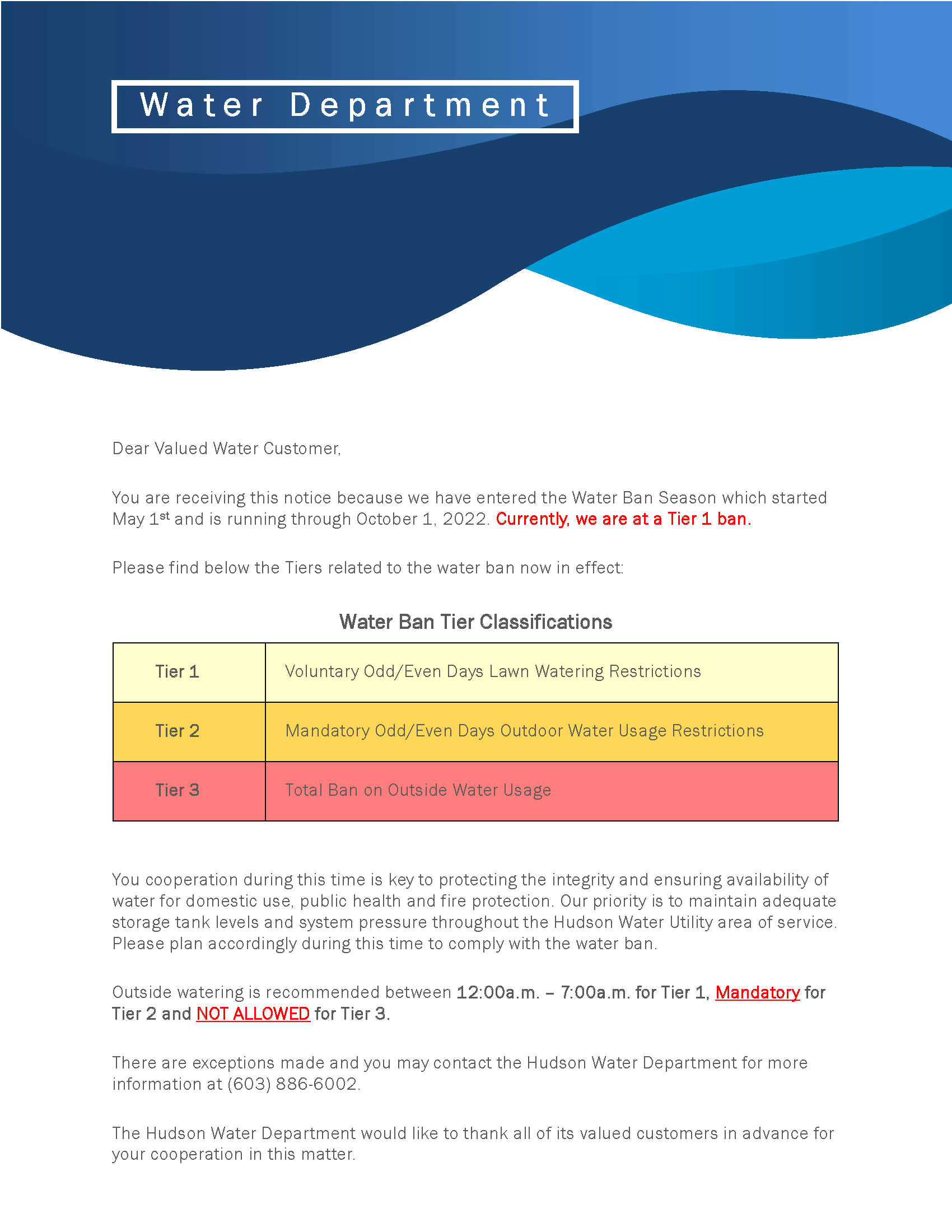 Annual Water Ban in Effect | Hudson New Hampshire